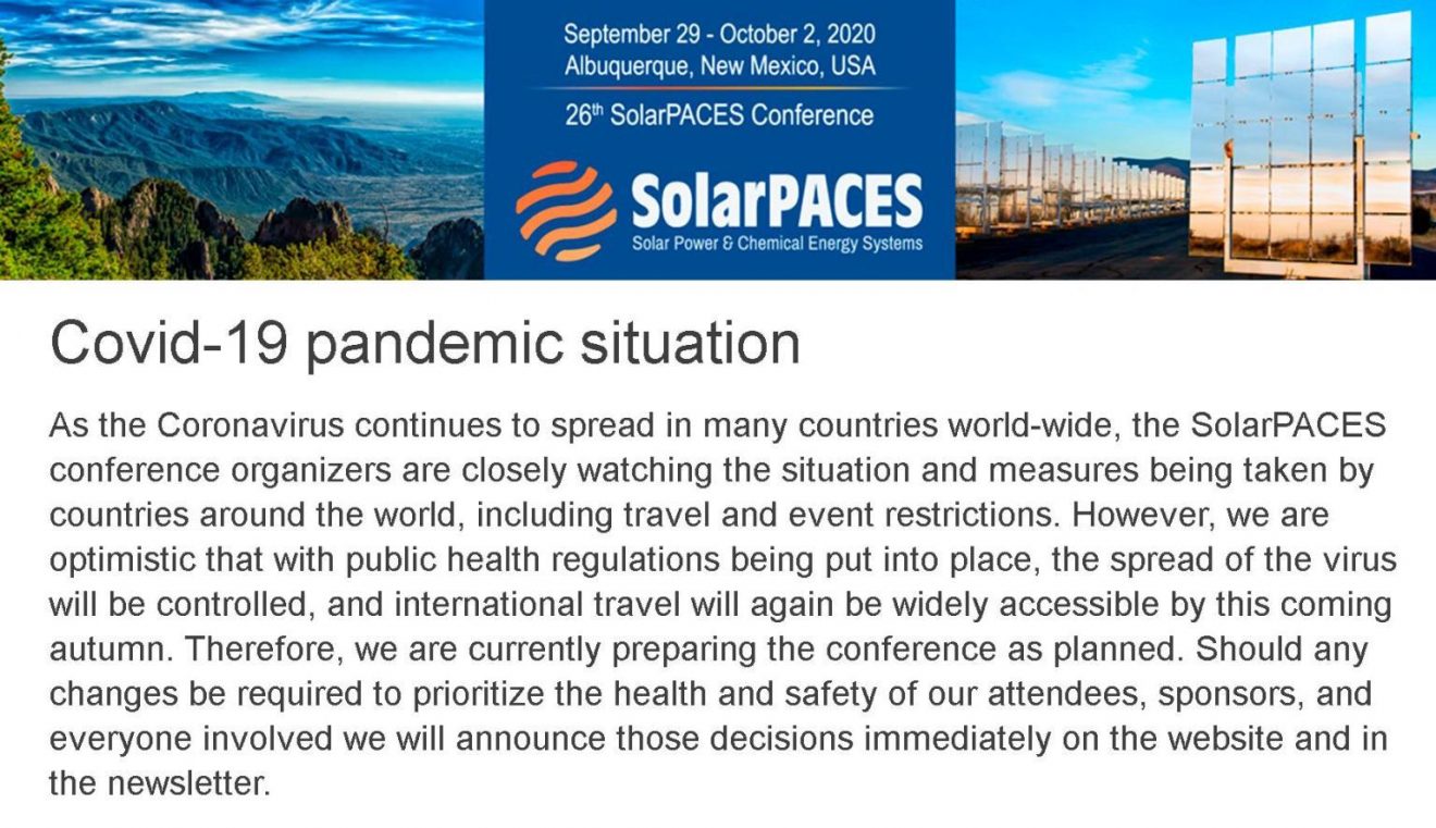COVID Pandemic Announcement: SolarPACES Conference - SolarPACES